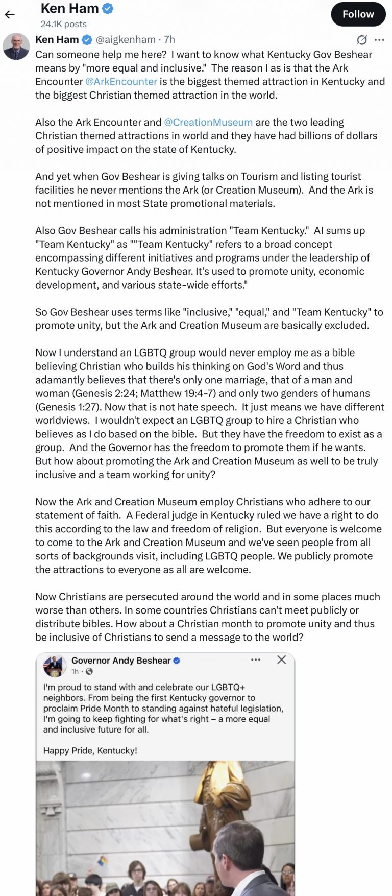 Ken Ham is having a snit